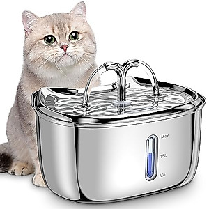 Cat Water Fountain with Water Level Window and LED Light, Automatic Pet Water Fountain Cat Dog Water Dispenser, 2.5L/84Oz Water Fountain Stainless Steel with 3 Replacement Filters for Multiple Pets