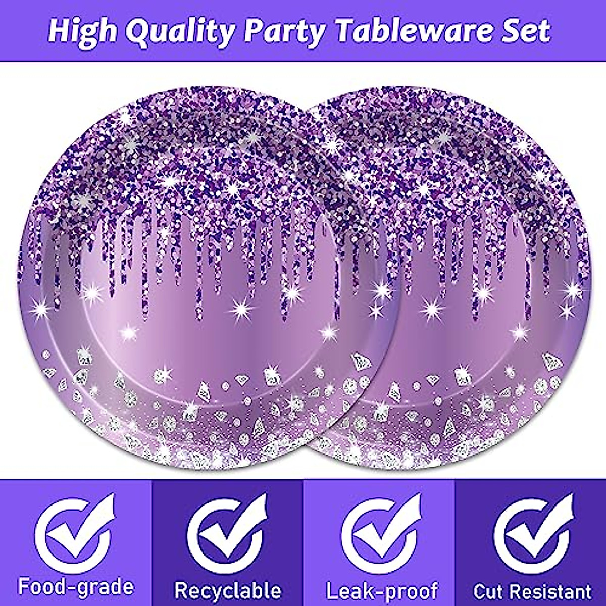 48 PCS Purple Silver Plates for Glitter Diamonds Happy Birthday Decorations Purple and Silver Birthday Theme Dessert Plates for Girls Women Purple Dinner Plate Glitter Diamonds Birthday Party Supplies