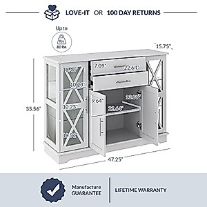 BELLEZE Sideboard Buffet Cabinet, 47 Inch Storage Cabinet Console Table Coffee Bar Cabinet Kitchen Cupboard Pantry Cabinet Glass Display Cabinet for Lving Room Entryway Dining Room, White