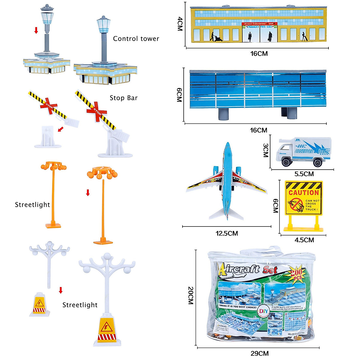 International Airport Assembled Toy 8 Planes and 8 Vehicles 200 Pieces Aircraft Model Playset Simulated Scene