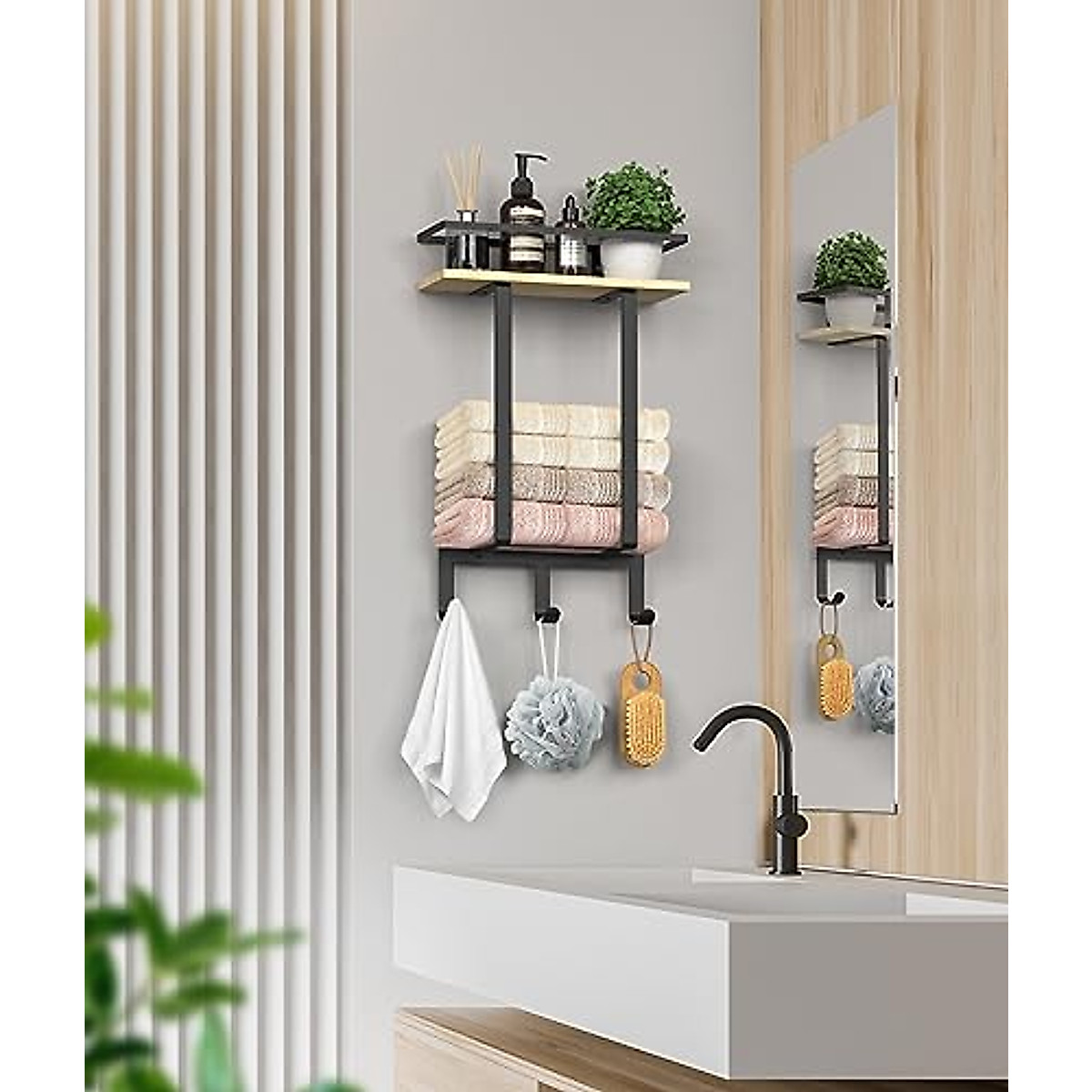 Luxspire Towel Racks Wall Mounted for Bathroom, Towel Holder Wall Mounted with Wooden Floating Shelf & 3 Metal Hooks, Rolled Bath Towel and Hand Towel Rack for Bathroom, Black + Wooden
