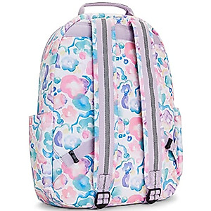 Kipling Women's Seoul 15" Laptop Backpack, Durable, Roomy with Padded Shoulder Straps, Aqua Flowers, 12.8''L x 17.3''H x 9''D