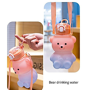 OHEPFD Cute Kawaii Bear Straw Bottle, Cartoon Gradient Water Bottle Portable Water Jug Leak-Proof with Shoulder Strap for Kids Gradient Pink Blue 800mL