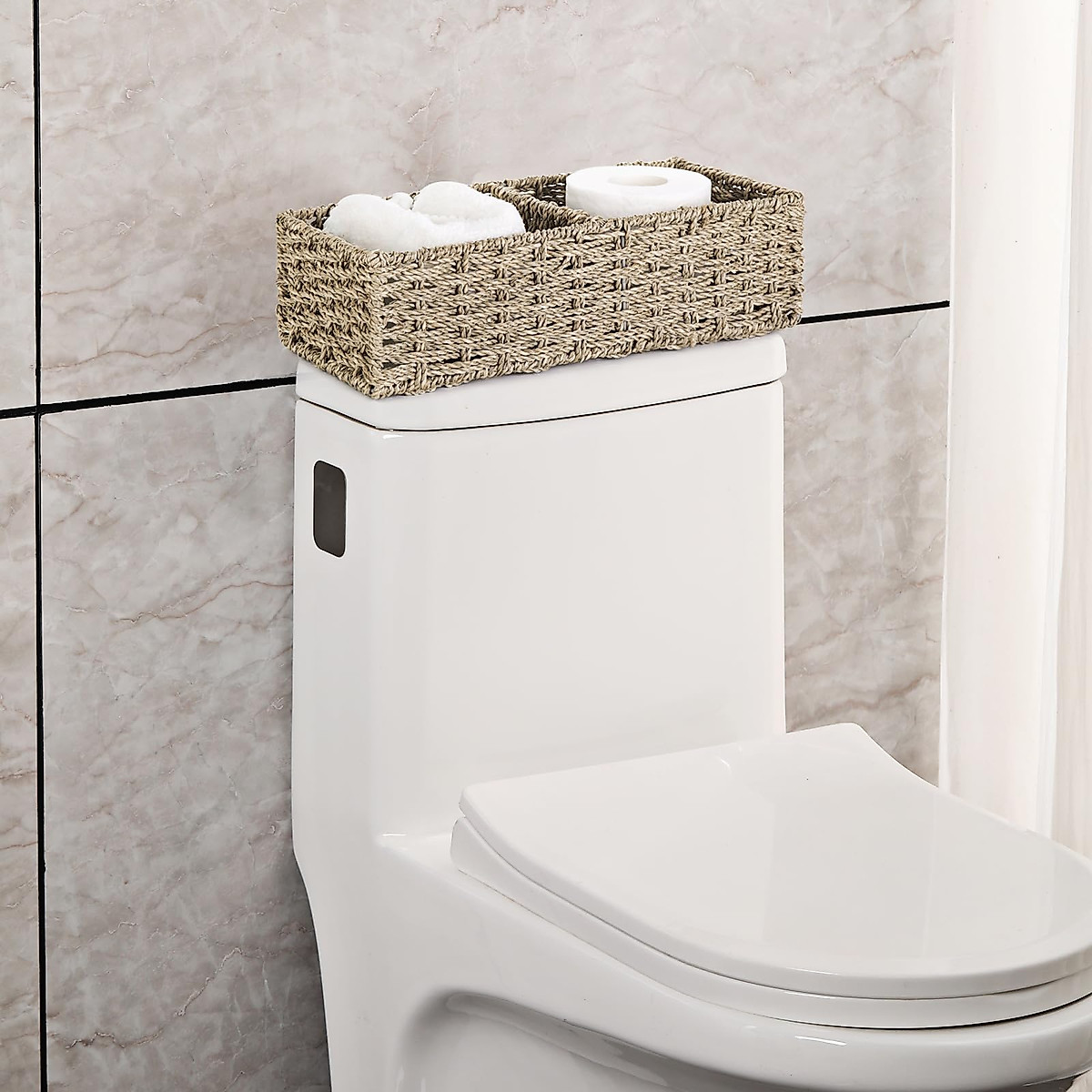 Vagusicc 2-Section Wicker Storage Basket, Hand-Woven Seagrass Baskets, Toilet Tank Basket, Small Wicker Baskets for Organizing, 2-Pack