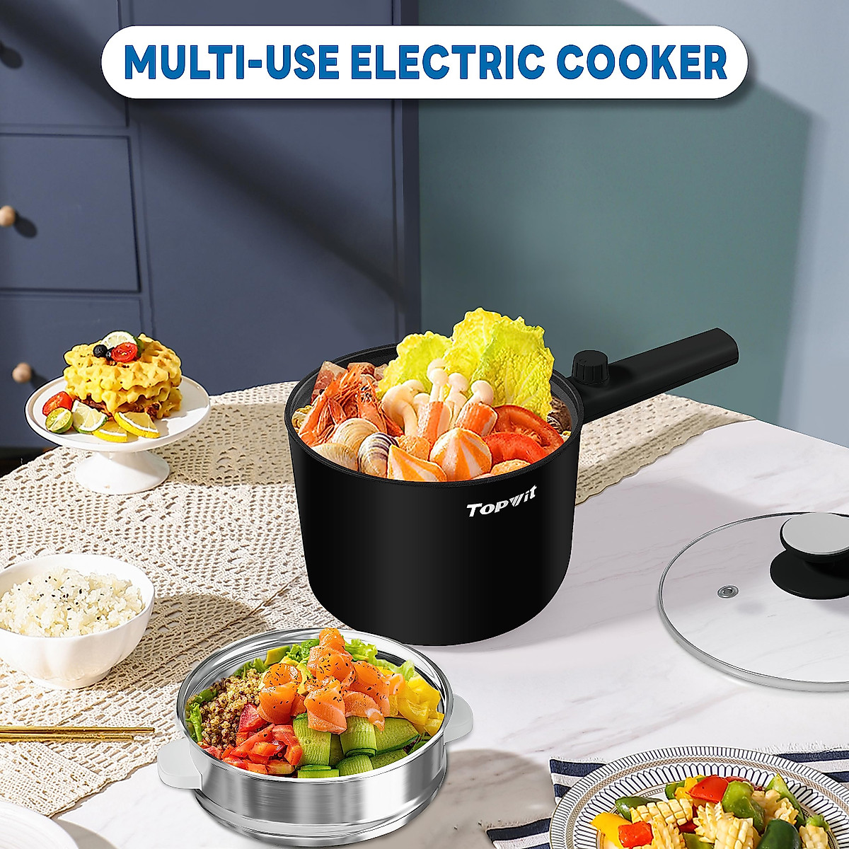 Topwit Hot Pot Electric with Steamer, 1.5L Ramen Cooker, Non-Stick Frying Pan, Electric Pot for Pasta, BPA Free, Electric Cooker with Dual Power Control, Over-Heating & Boil Dry Protection, Black