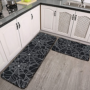 YouTary Halloween Spider Black and White Spiderweb Pattern Kitchen Rug Set 2 PCS Floor Mats Washable Non-Slip Soft Flannel Runner Rug Doormat Carpet for Kitchen Bathroom Laundry