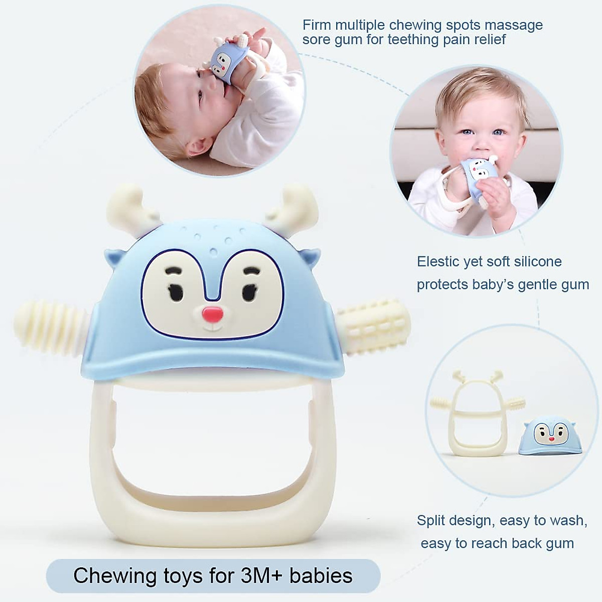 Smily Mia Reindeer Organic Baby Toys 0-6Months, Mitten for 3-6Months, Easy to Hold Stem with Chewing Nubs for Teething Pain Relief for 6-12Months Babies, Light Blue