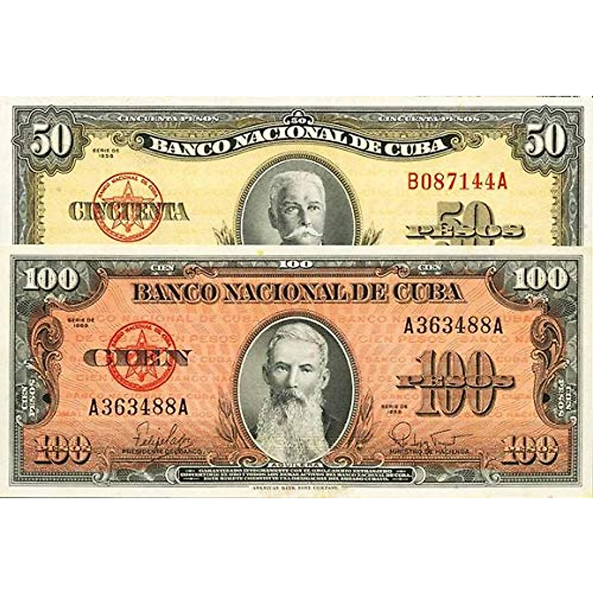 CU 1959 RARE, VIVIDLY COLORFUL CUBA 50 and 100 PESO BILLS! HI DENOMINATION GEMS ISS'D SAME YEAR AS CUBAN REVOLUTION! Choice Crisp Uncirculated