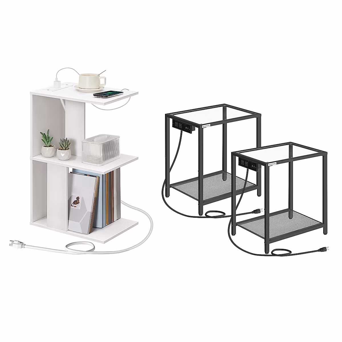 MAHANCRIS End Table with Charging Station and Side Tables with Charging Station bundle，Narrow Side Table for Small Spaces，2-Tier Nightstand with Tempered Glass Top，for Bedroom，Living Room ETWT18E01Z-E