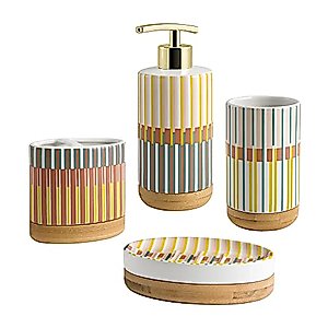Allure Home Creation Market Stripe 4-Piece Ceramic with Bamboo Bath Accessory Set