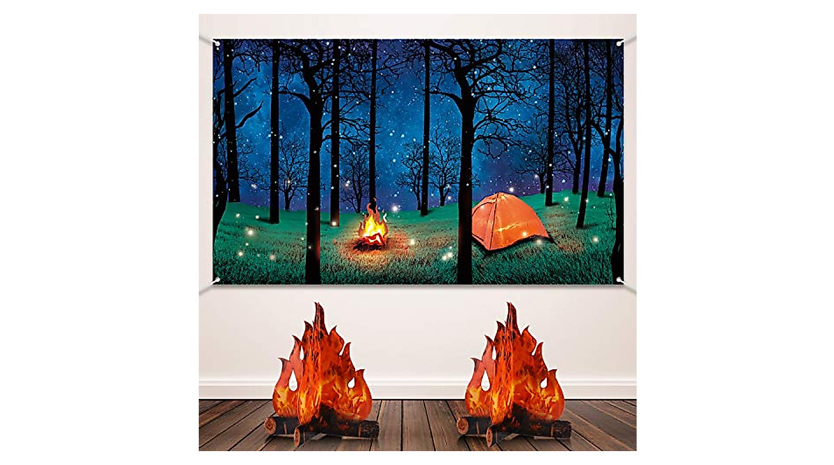 Camping Party Backdrop & 3D Campfire Decorations