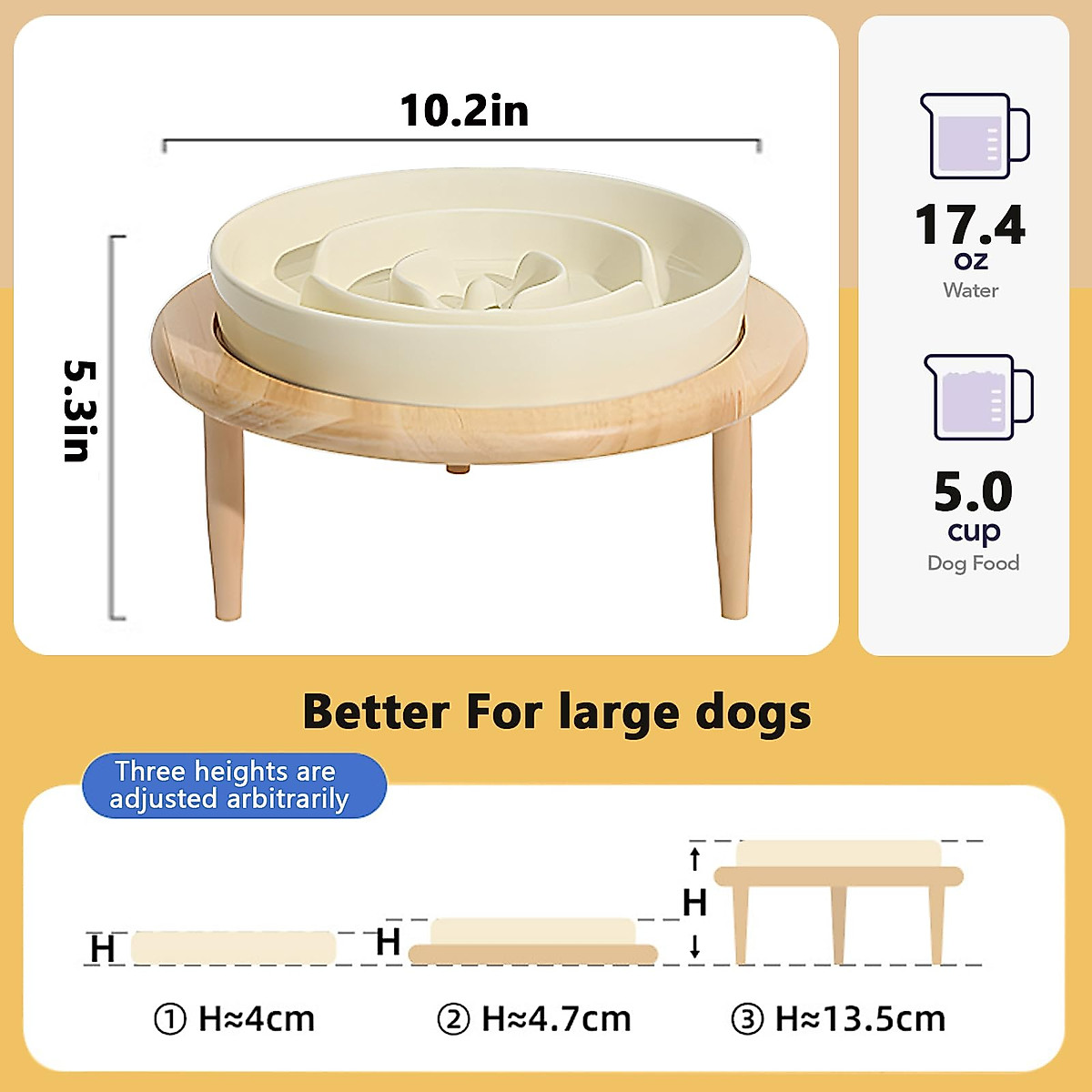VEEKI Ceramic Slow Feeder Dog Bowls, Elevated Dog Food Bowls with Wood Stand, Dog Dishes to Slow Down Eating for Chokcing Bloating(Beige, 10.2in)