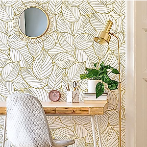 Peel and Stick Wallpaper Gold Contact Paper Leaf Wallpaper Boho Leaves Peel and Stick Wallpaper Self-Adhesive Wallpaper Waterproof Wallpaper for Wall Home 17.7" X118"