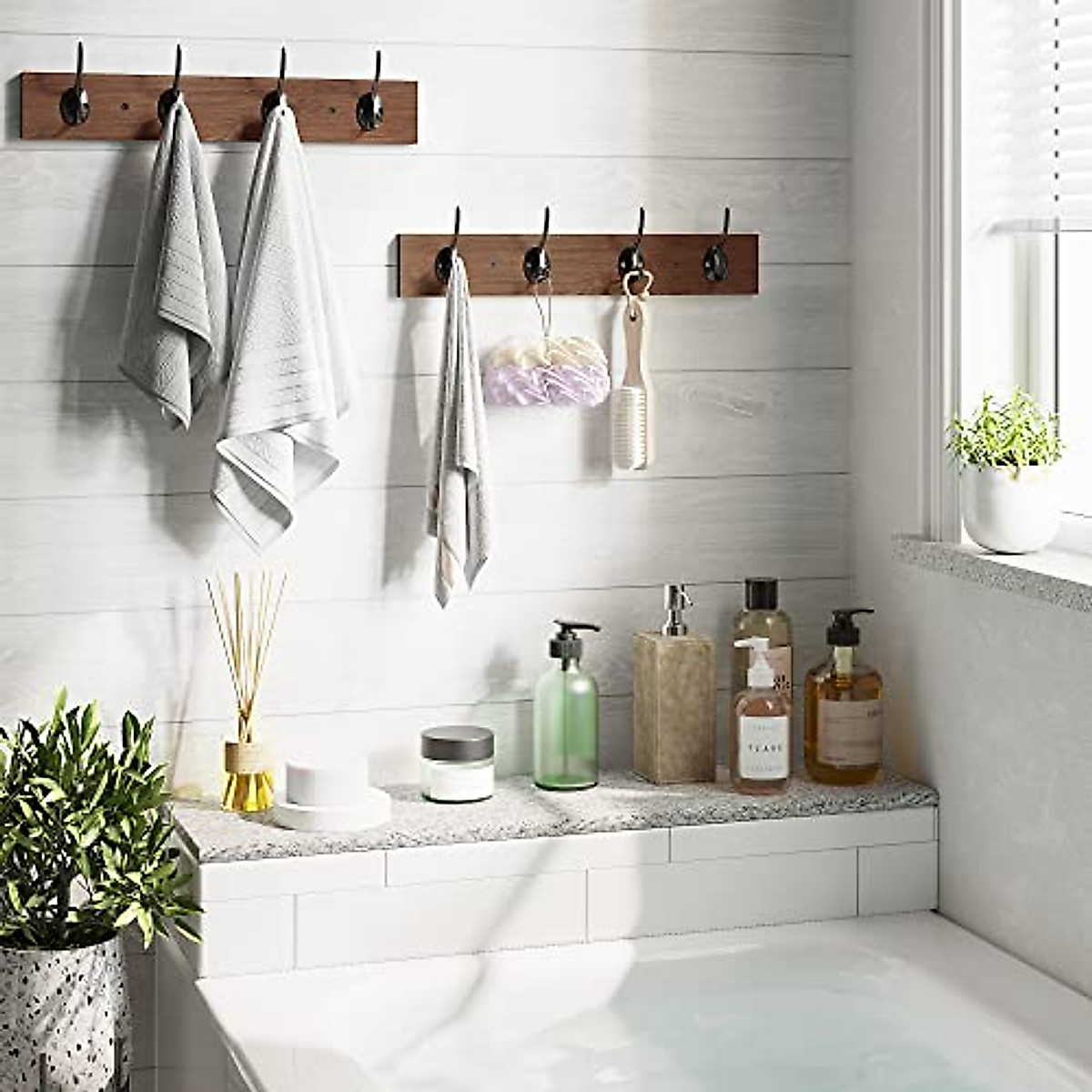 BAMEOS Wall Mounted Coat Rack, Bamboo Wall Coat Rack Hooks, 4-Hooks Rail for Entryway, Bathroom, Bedroom,Closet Room, Kitchen (Brown)