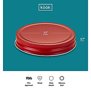 Kook Mason Jar Lids, Wide Mouth, for Wide Mouth Mason Jars, Leak Free, Airtight Silicone Seal, Made in USA, Set of 12, Red
