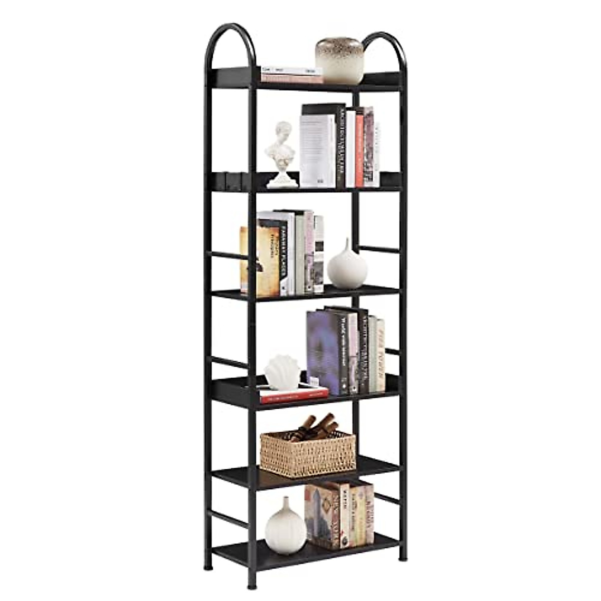 Merax Bookshelf, 6-Tier Bookcase with 4 Hooks, 70.8 Inch Tall Industrial Wood Storage Rack, Arched Open Shelves for Home Office, Living Room, Bedroom, Kitchen