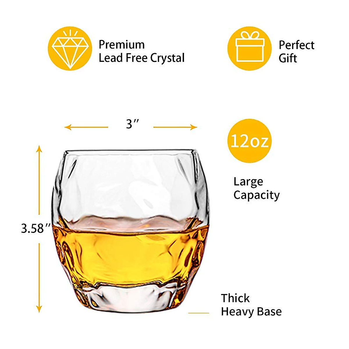 ini TECH Set of 4 Unique Whiskey Glasses 12 oz Scotch Glasses Bourbon Glasses for Cocktails Rock Style Old Fashioned Drinking Glasses Gifts for men (clear, 4)