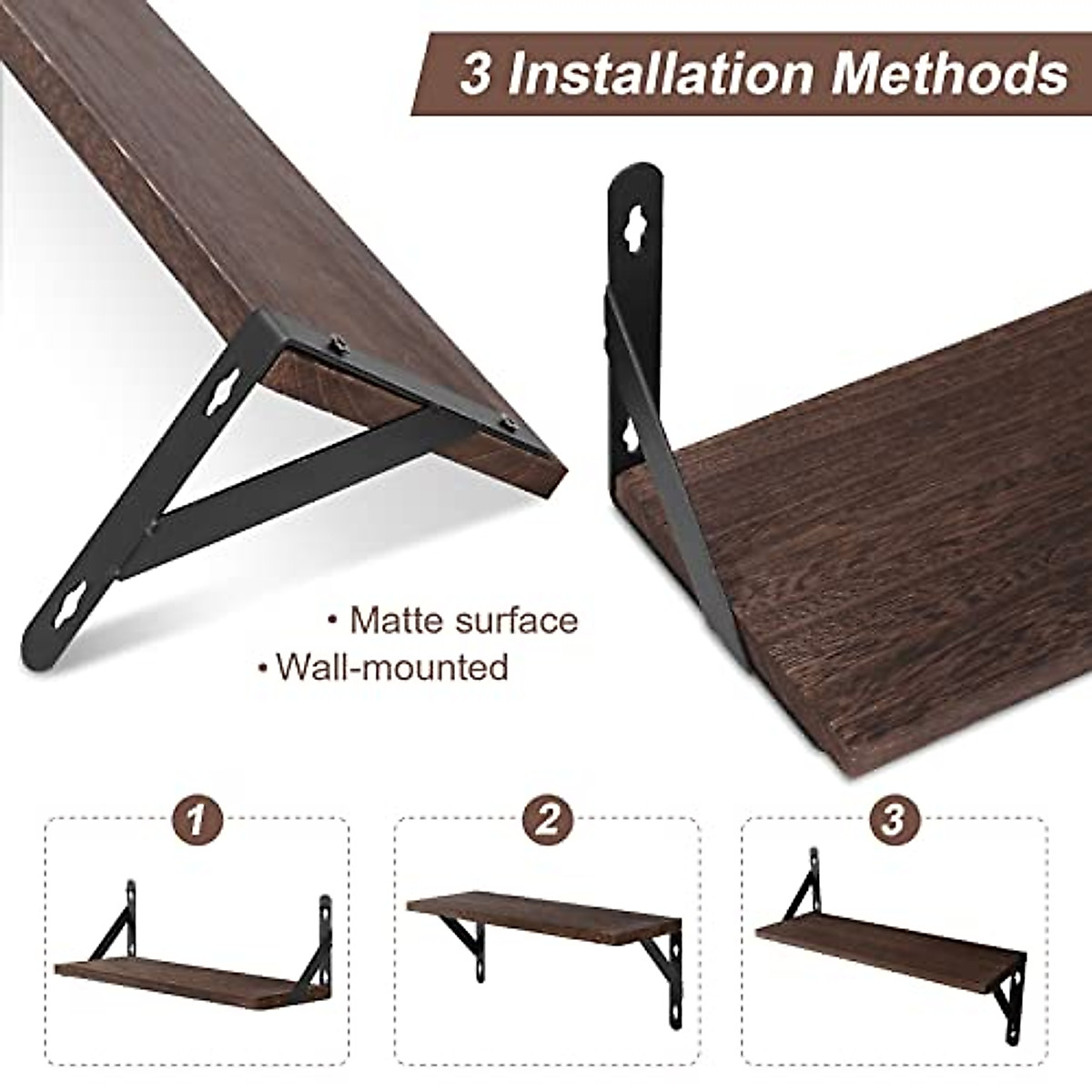Uten Floating Shelves, Solid Wood Wall Mounted Shelf for Bathroom, Kitchen, Bedroom, Living Room with The Spirit Level and Metal Bracket, 17 Inch Floating Bathroom Shelves Set of 2, Brown