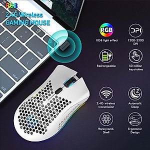 HETOETF Wireless Gaming Mouse Lightweight Honeycomb Design, Rechargeable RGB Backlight Computer Mouse with USB Receiver,Adjustable DPI,2.4GHz Wireless Mouse for PC/Mac/Laptop