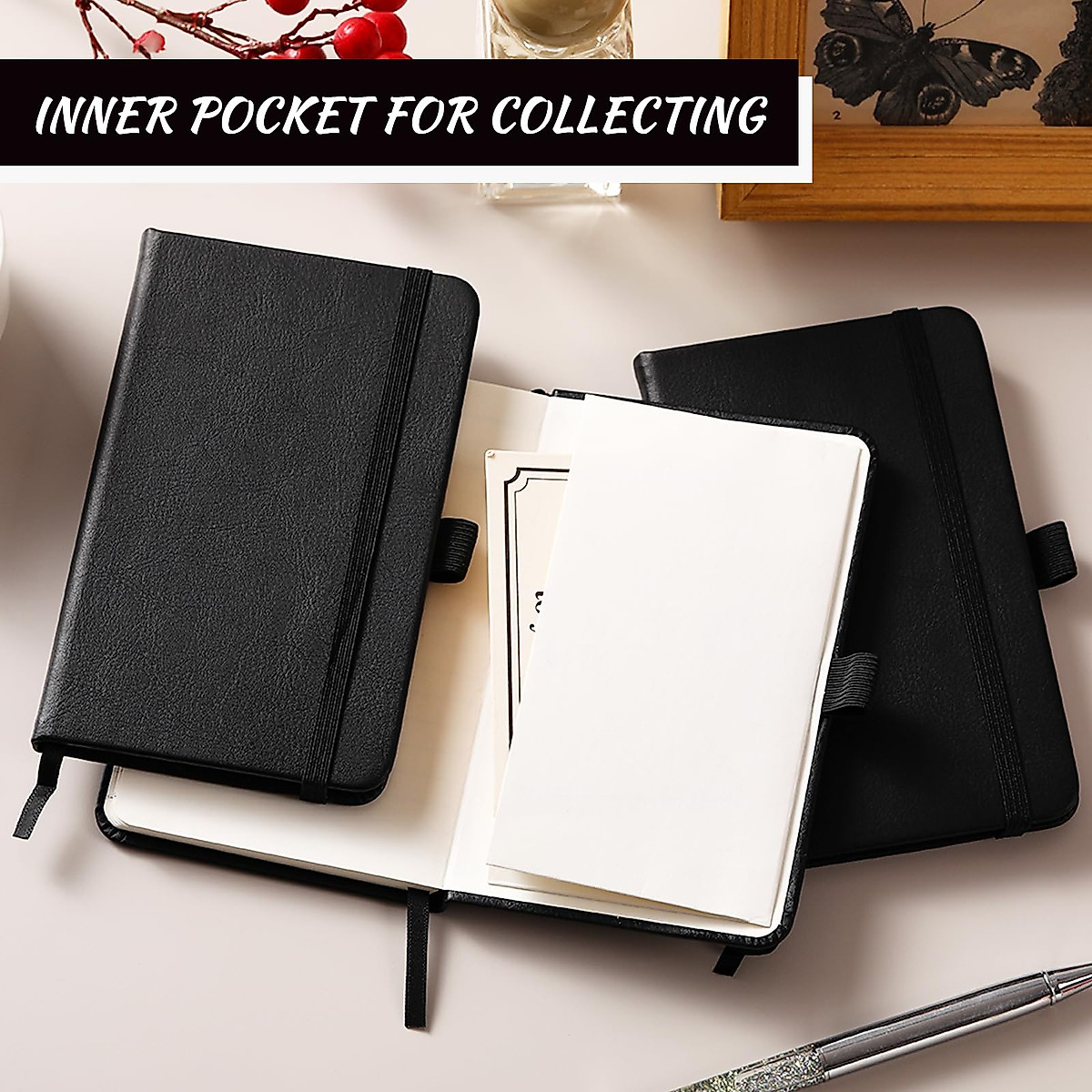 Small Notebook/Journal - Pocket Notebook Mini Notebook Hardcover College Ruled Small Notepad (3 Pack) with Pen Holder + Inner Pocket, Banded, Page Marker Ribbons, 120 Pages, Lined (3.5 x 5.5) - Black