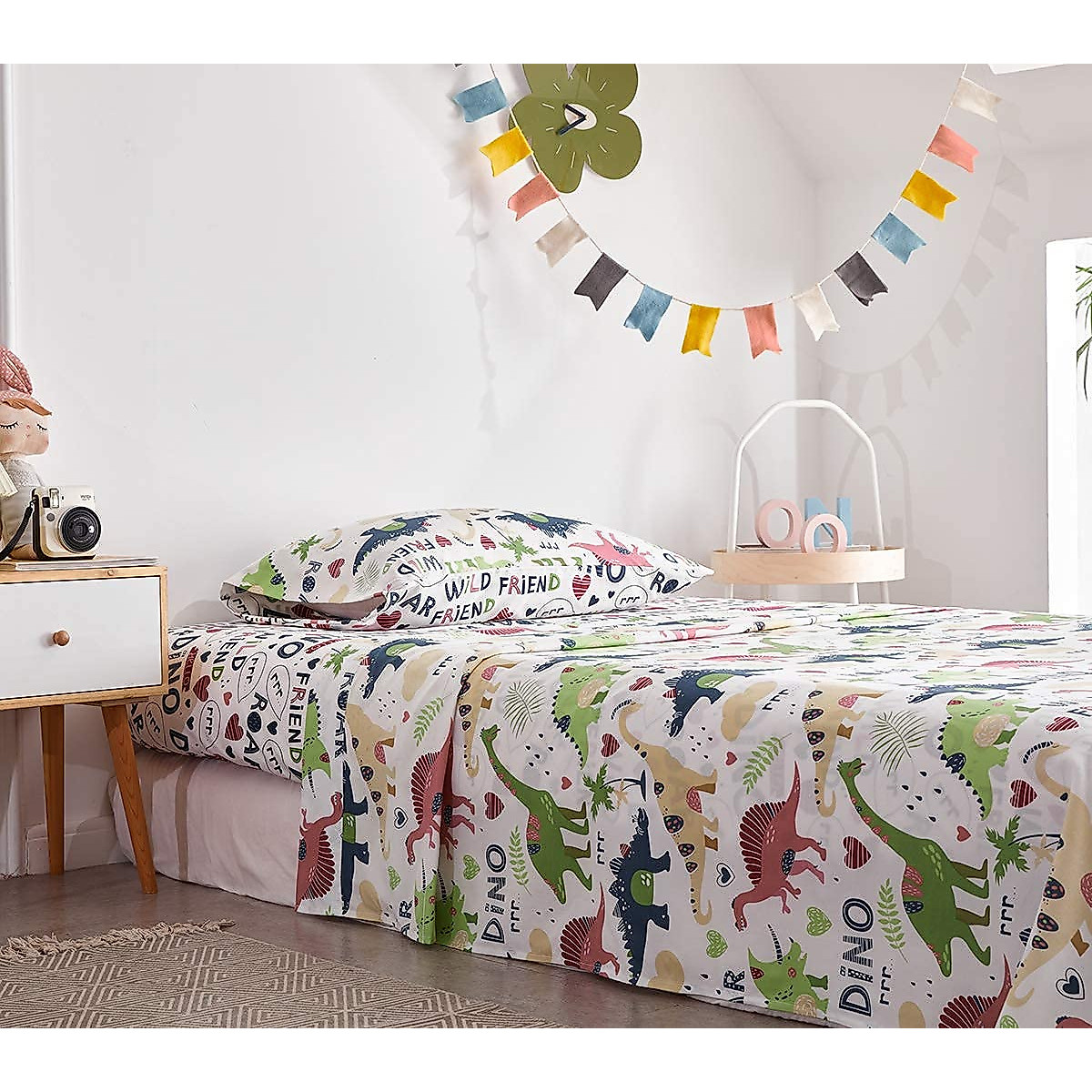 Dinosaur Twin Sheet Set for Kids Boys Teens Cute 3 Pieces White Microfiber Bedding Set with Green Red Yellow Blue Dinosaur Colorful Monster Style