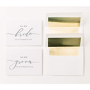 To My Bride To My Groom On Our Wedding Day Card 4x5.5 Folded White Card with Black Caligraphy with Gold Foil Lined Envelopes 2 Card Set Vow Cards Elegant Minimalist Style Wedding Cards