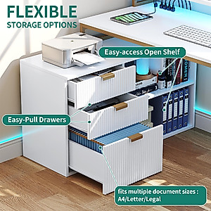 YITAHOME L Shaped Desk with Power Outlets and LED Lights, 55" Computer Desk with Drawers, Corner Office Desk with File Cabinet for Home Office, White & Gold