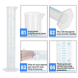 5Pack 250ml Plastic Graduated Cylinder, Transparent Measuring Cylinder Durable Lab Test Tube Flask, 2-Sided Measuring Lines Graduated Cylinder Beaker for Science Projects, Pour Spout