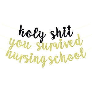 Nursing School Survivor Banner, Future Nurse, Straight Outta Nursing School, Congrats Nurse Graduation Party Decorations Black and Gold Glitter, Congrats Grad 2024