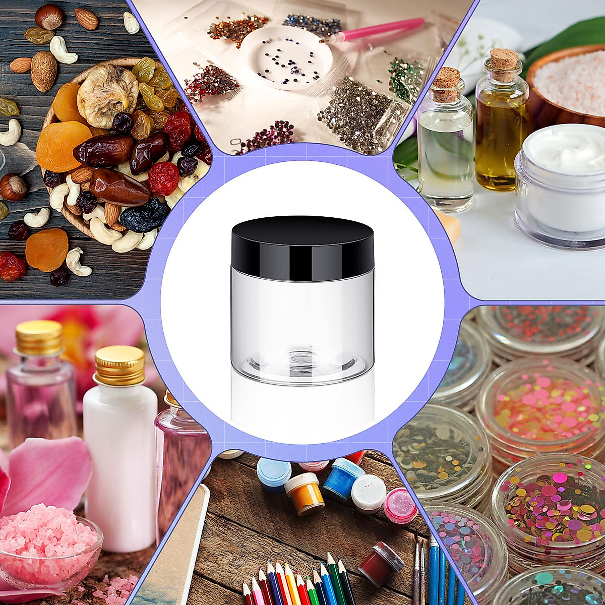 Aoriher 150 Pcs Plastic Container Jars with Lids Round Cosmetic Jars Empty Plastic Container for Lotion, Cream, Ointments, Makeup, Eye Shadow, Rhinestone, Samples, Pot, Travel Storage(2 oz,Black)