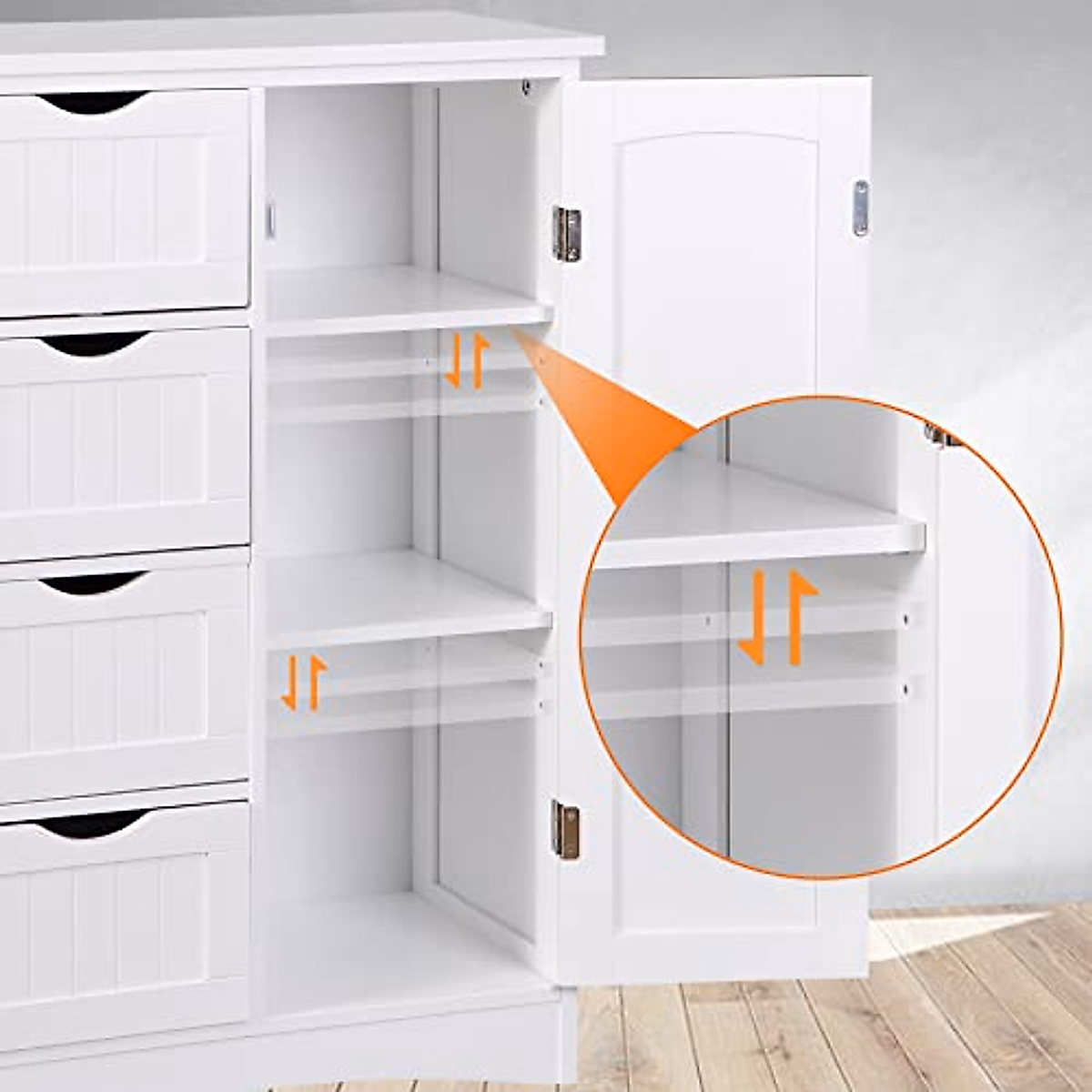 SUPER DEAL Freestanding Bathroom Floor Storage Cabinet with 4 Drawers and Adjustable Shelves, Living Room Entryway Home Furniture Storage Organizer Unit, White¡­