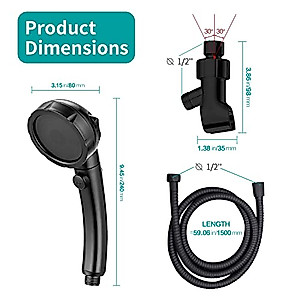 MIAOHUI Modern Handheld Shower Head with On/Off Switch, 3 Spray Settings, Removable Shower Head with Hose, Angle Adjustable Shower Bracket, Teflon Tape, Black