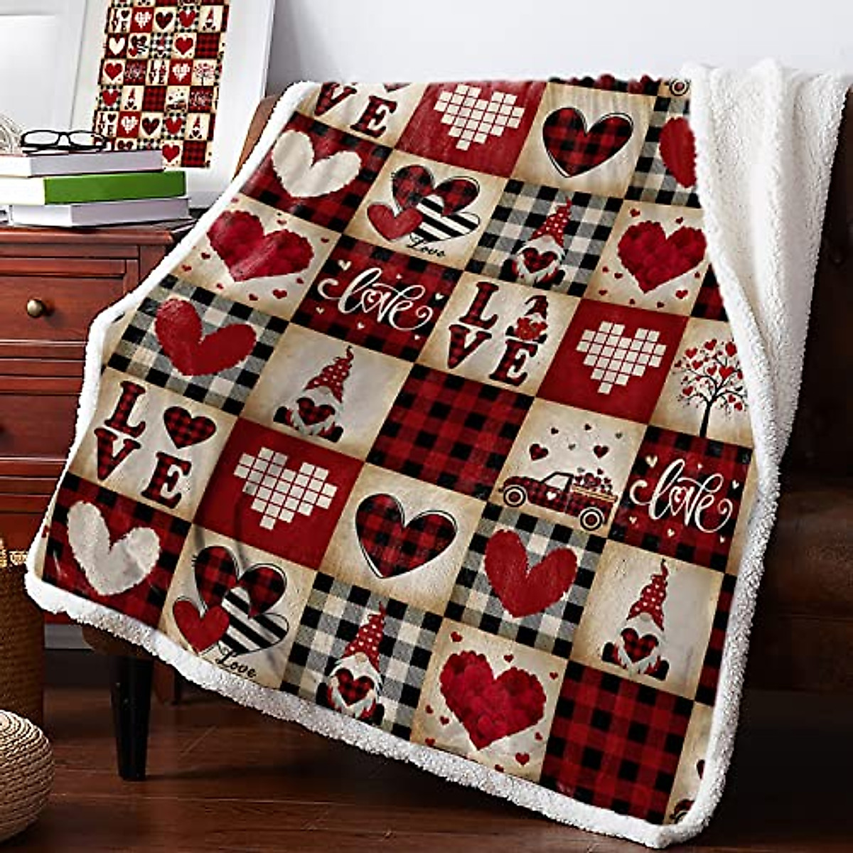 Sherpa Throw Blanket Red Buffalo Plaid,Soft Cozy Blankets Love Gnome Mother's Day,Romantic Thick Reversible Fleece Flannel Plush Microfiber Throws for Couch Bed Sofa Wedding