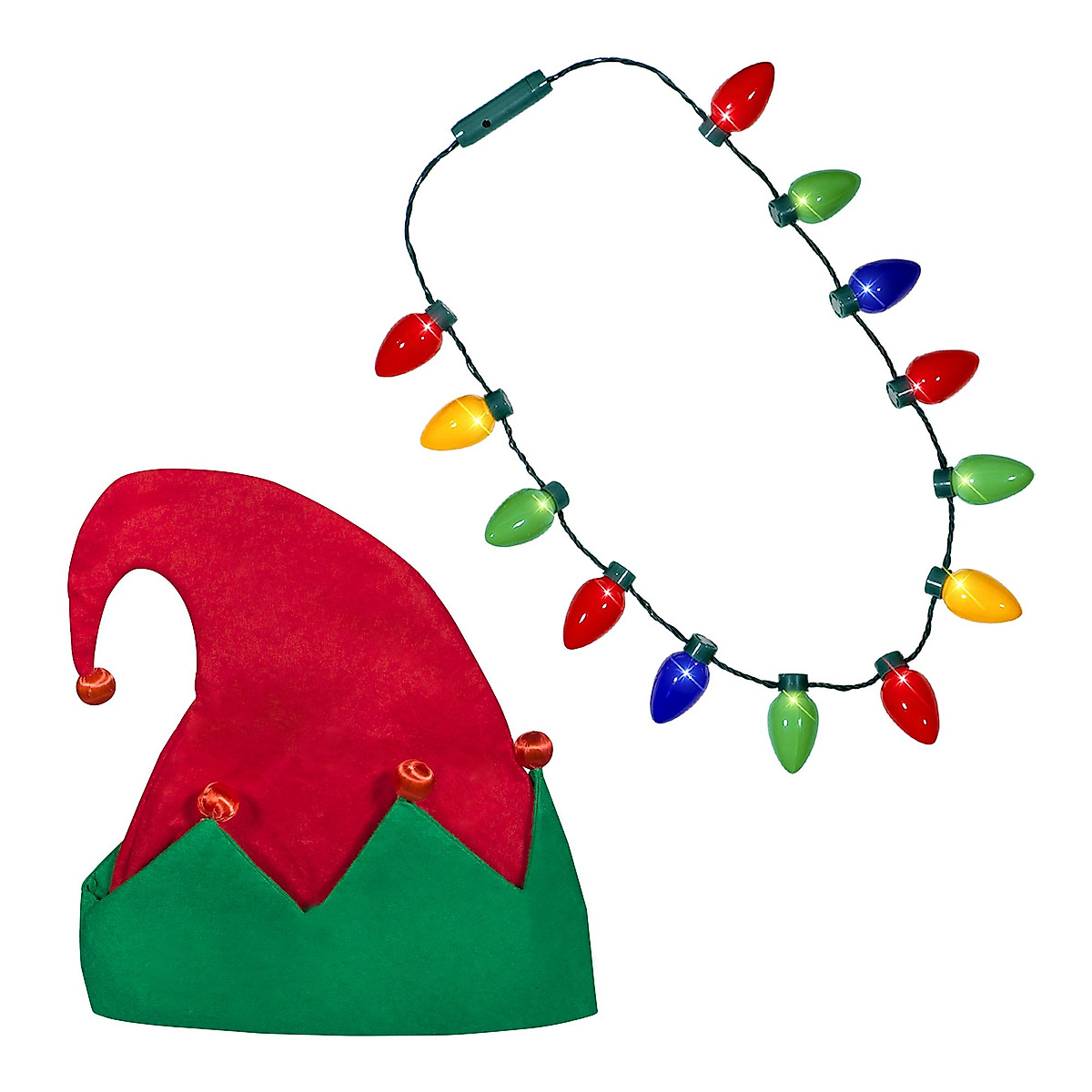 Windy City Novelties Ugly Sweater Christmas Party Kit - Holiday LED Elf Hat + LED Christmas Bulb Necklace Combo for Christmas Parties, Caroling, Gatherings & Party Favors