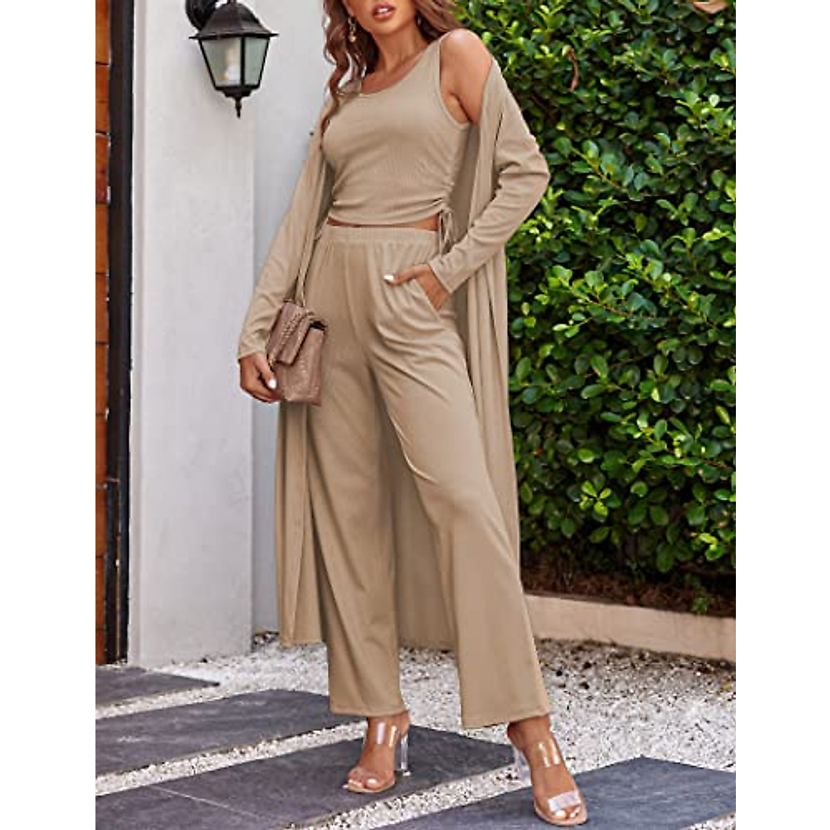 Ekouaer Women's 3 Piece Knit Lounge Set Sweatsuit Khaki