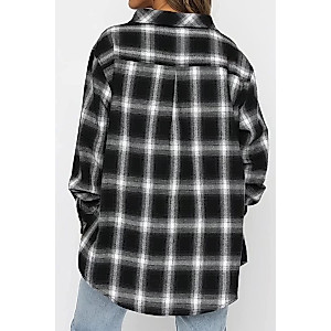 CHYRII Womens Button Down Flannel Shirts Long Sleeve Plaid Shacket Business Casual Tops Black S