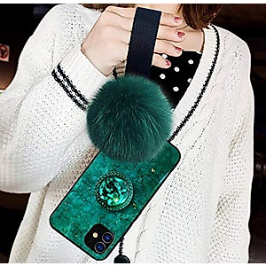 Aulzaju for Samsung S21 Ultra Case Bling Diamond Sparkle Marble Bumper Cover with Ring Kickstand Cute Glitter Rhinestone Fluffy Ball Wrist Strap Girl Woman Phone Case for Galaxy S21 Ultra (Green)