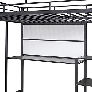 Full Size Loft Bed with Desk and Storage Shelves, Metal Loft Bed Full Size with Whiteboard and 3-Tier Shelves, Full Size Loft Bed for Kids, Teens (Black Full)