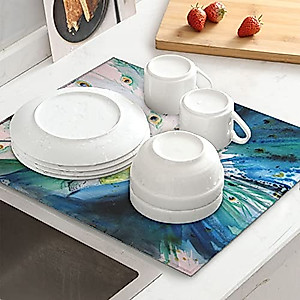 Peacock Spread Its Wings Printed Drying Mat For Kitchen Ultra Absorbent Microfiber Dishes Drainer Mats Non-Slip Silicone Quick Dry Pad - 18 X 16inch