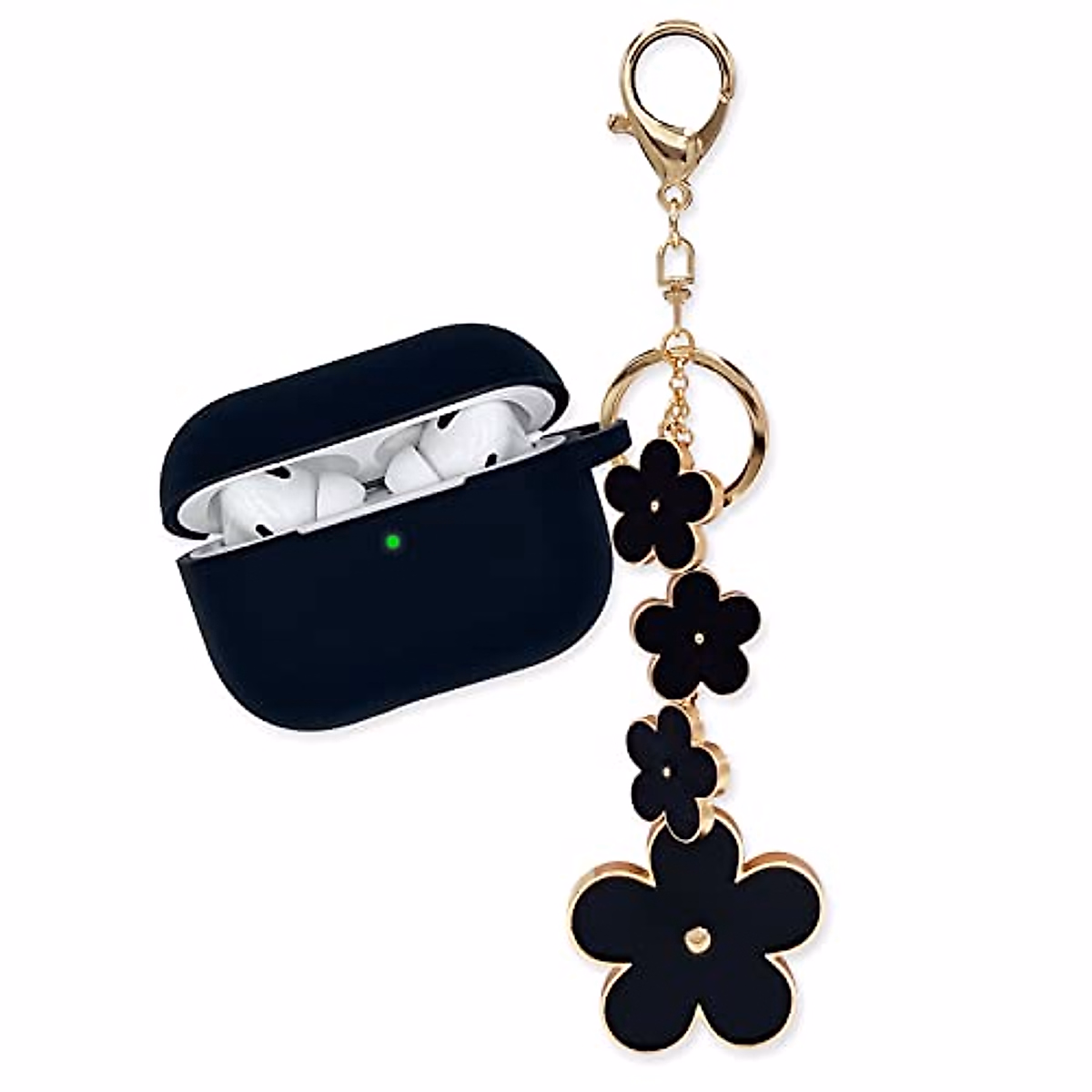 AirPods Pro Case Silicone AirPods Pro Case Cover with Keychain Cute Apple AirPods Pro Protective Case with Enameled Flower Keychain (Black)