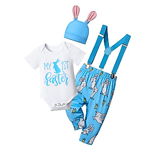 AGAPENG Baby Boy Easter Outfit Easter Outfit Baby Boy My First Easter Baby Boy Outfit Baby Boy Easter Outfit 0-3 Month Infant Short Sleeve Romper Bunny Suspender Pants Rabbit Ears Hat Blue