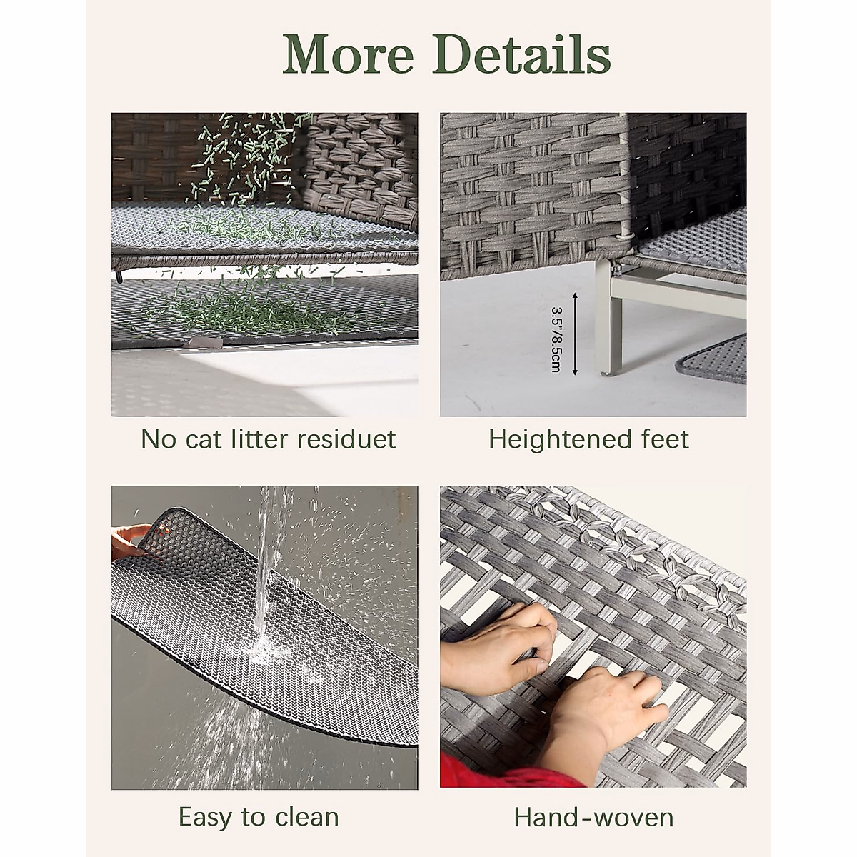 SETVSON Cat Litter Box Enclosure Cat Litter Box Furniture with Divider, Rattan Litter Box Enclosure with Cat Litter Mat, 31.2×19.6×24.2 Inches Hidden Cat Litter Box Cat House for Living Room (Gray)