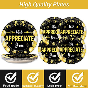 96Pcs We Appreciate You Party Plates and Napkins for Employee Staff Appreciation Black Gold Party Supplies Work Anniversary Themed Plate Thank You Tableware Set for Teacher 24 Guests Party Decorations