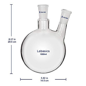 Labasics Glass 1000ml 2 Neck Round Bottom Flask RBF, with 24/40 Center and Side Standard Taper Outer Joint, 1000ml