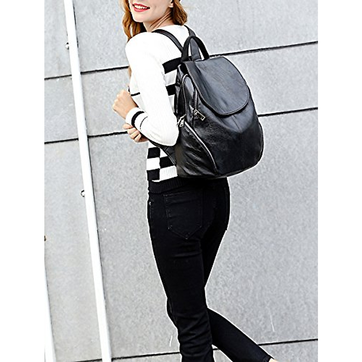 UTO Women Backpack Purse PU Washed Leather Large Capacity Ladies Rucksack Shoulder Bag Black