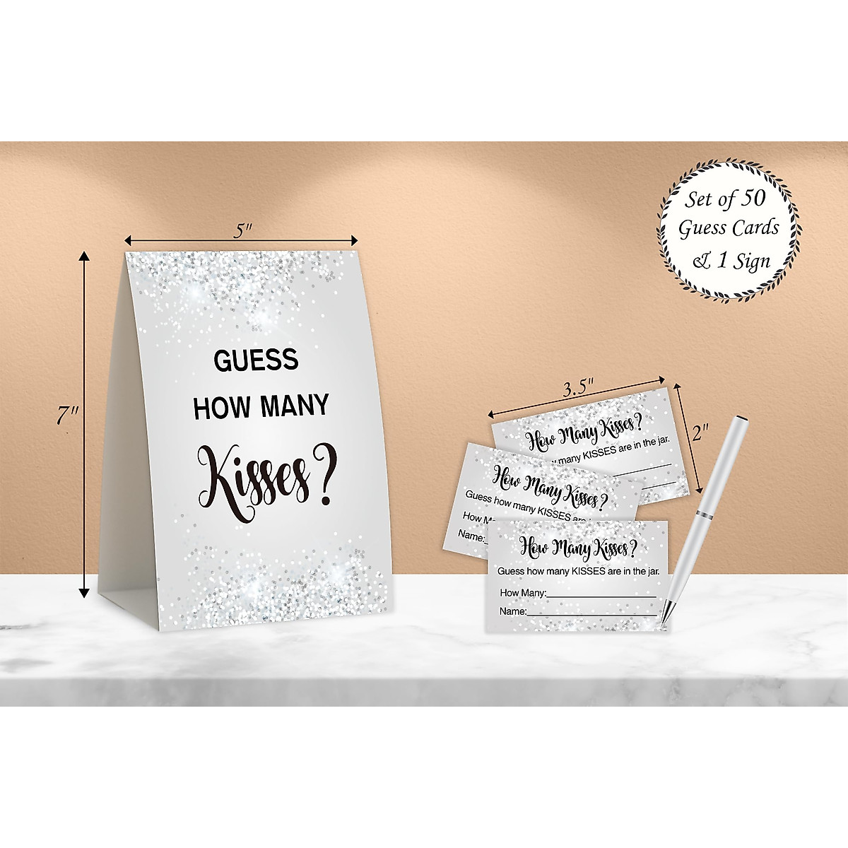 Silver Polka Dot Confetti Design Guess How Many Kisses Bridal Shower Game,Bridal Shower Decorations,Popular Bridal Shower Games,Engagement Party Game,Set Including 1 Sign And 50 Guessing Cards-08