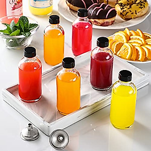 10 Pack, 4 oz Small Clear Glass Bottles with Lids & 3 Stainless Steel Funnels - 120ml Boston Round Sample Bottles for Potion, Juice, Ginger Shots, Oils, Whiskey, Liquids - NO Leakage