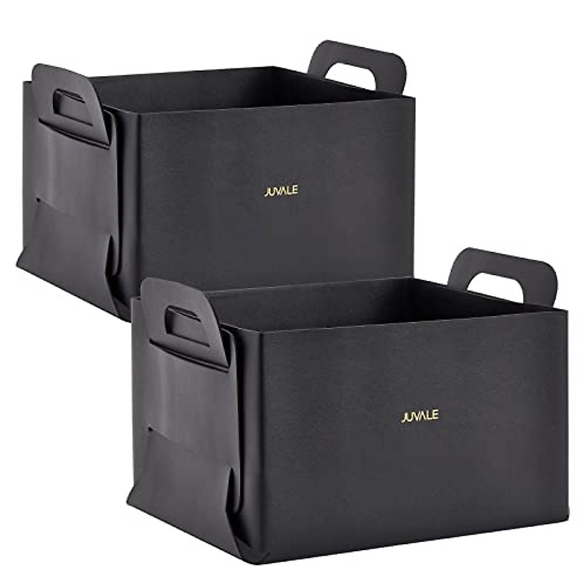 2 Pack Faux Leather Foldable Storage Bins with Handles, Collapsible Baskets for Home Organization (Black, 10 x 6.5 In)