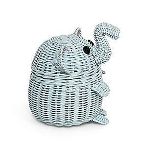 G6 COLLECTION Elephant Rattan Storage Basket With Lid Decorative Bin Home Decor Hand Woven Shelf Organizer Cute Handmade Handcrafted Nursery Gift Animal Decoration Wicker Elephant (Small, Blue)