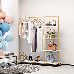 FONECHIN Metal Gold Clothing Rack for Boutique Use, Heavy Duty Garment Rack with Shelves for Retail Display (59L inches)